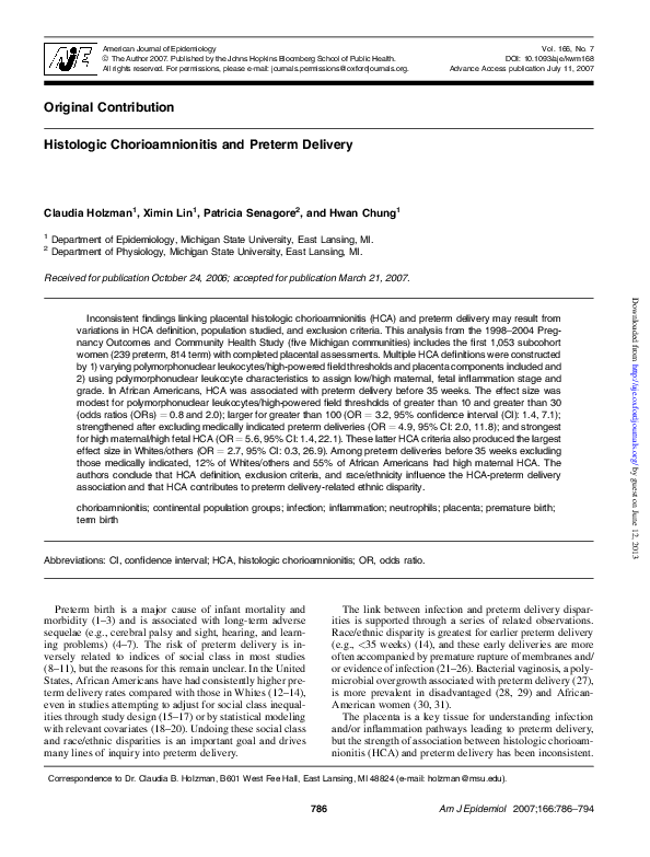 (PDF) Histologic Chorioamnionitis and Preterm Delivery