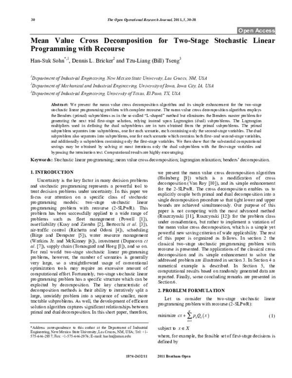 Pdf Mean Value Cross Decomposition For Two Stage Stochastic Linear Programming With Recourse