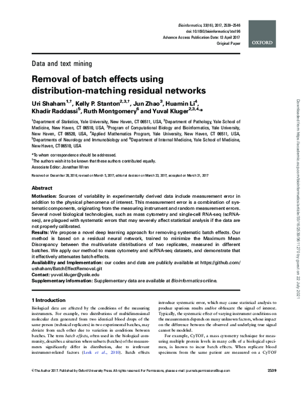 (PDF) Removal of Batch Effects using Distribution-Matching Residual Networks