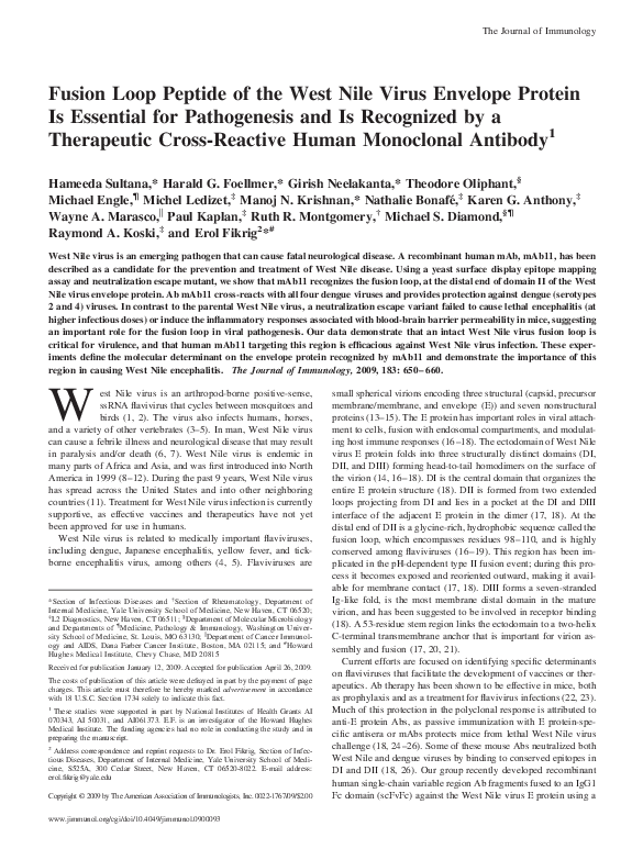(PDF) Fusion Loop Peptide of the West Nile Virus Envelope Protein Is ...