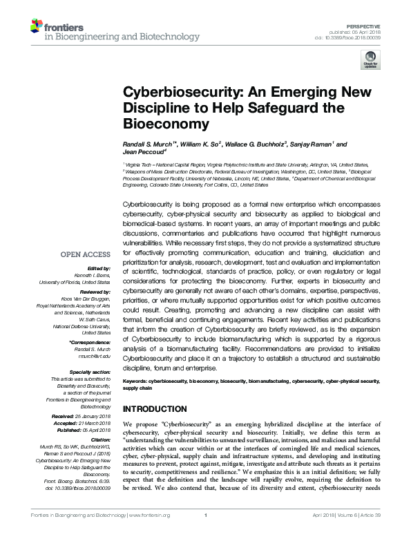 (PDF) Cyberbiosecurity: An Emerging New Discipline to Help Safeguard the Bioeconomy