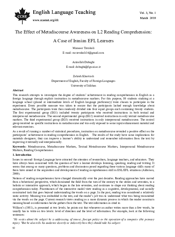 (PDF) The Effect of Metadiscourse Awareness on L2 Reading Comprehension: A Case of Iranian EFL ...