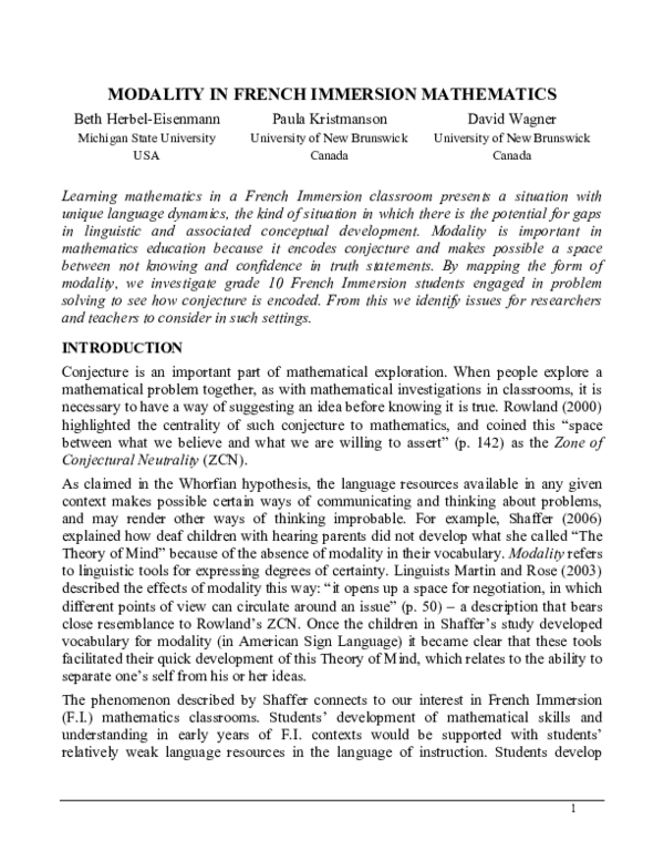 (PDF) Modality in French Immersion Mathematics