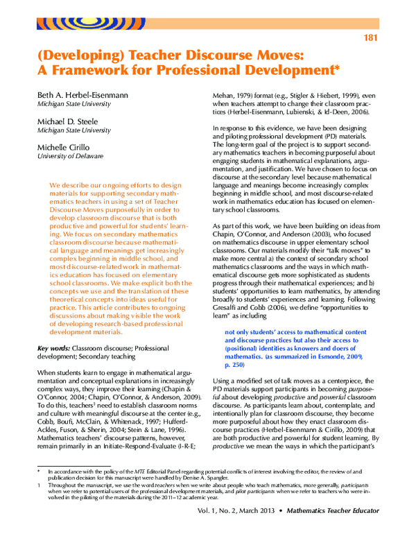 (PDF) (Developing) Teacher Discourse Moves: A Framework for ...