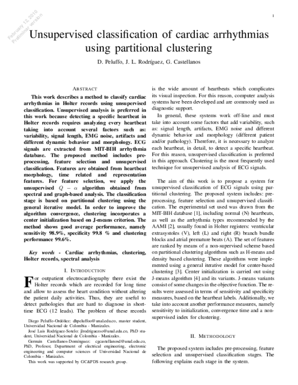 Pdf Unsupervised Classification Of Cardiac Arrhythmias Using Partitional Clustering German