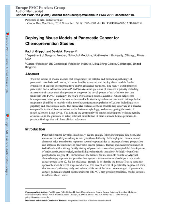 Deploying Mouse Models of Pancreatic Cancer for Chemoprevention Studies