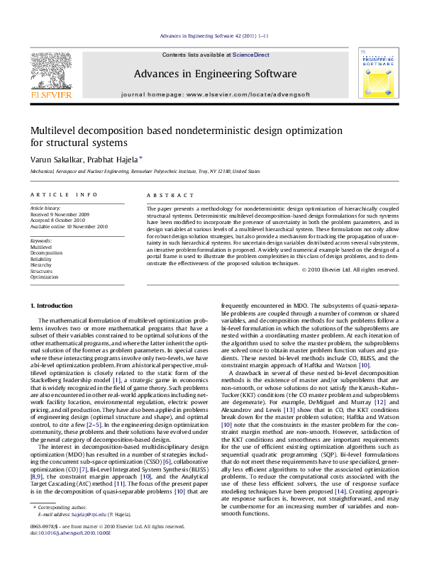 (PDF) Multilevel decomposition based nondeterministic design optimization for structural systems