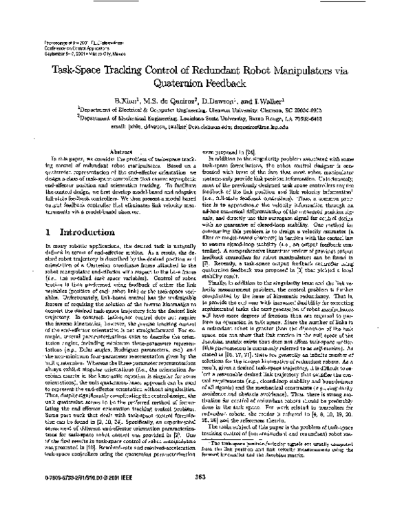 Pdf Task Space Tracking Control Of Redundant Robot Manipulators Via