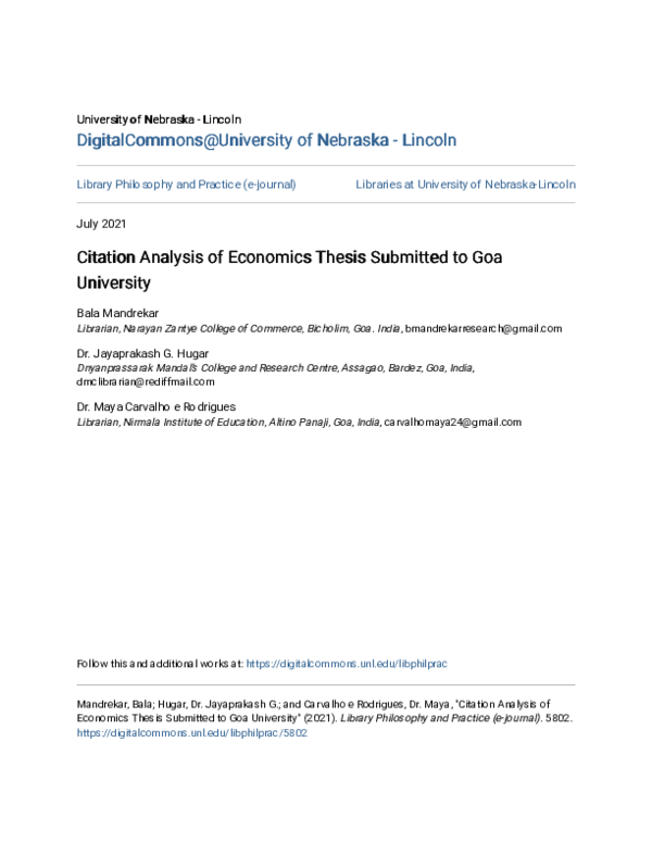 (PDF) Citation Analysis of Economics Thesis Submitted to Goa University