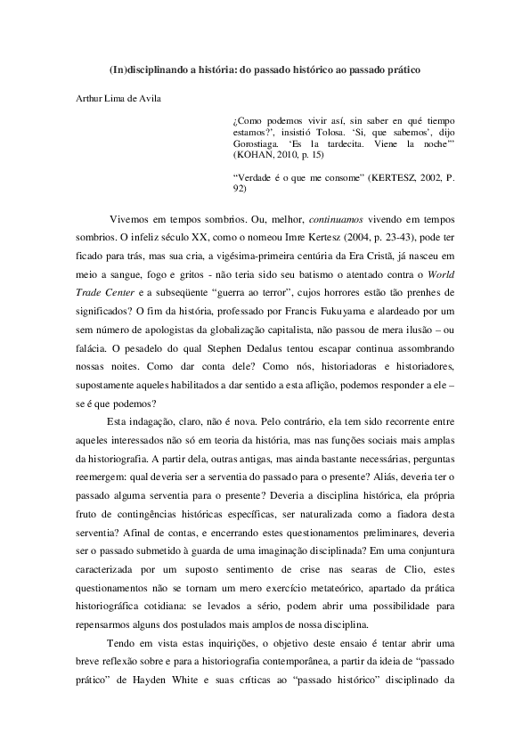 (PDF) Arthur Avila - (In)disciplinando a história: do passado histórico ...