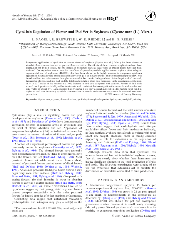 (PDF) Cytokinin Regulation of Flower and Pod Set in Soybeans ( Glycine ...