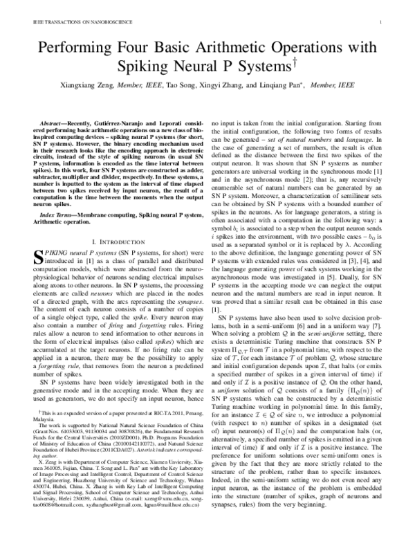 Pdf Performing Four Basic Arithmetic Operations With Spiking Neural P