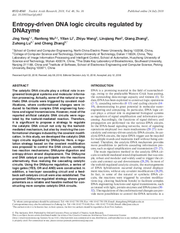 (PDF) Entropy-driven DNA logic circuits regulated by DNAzyme