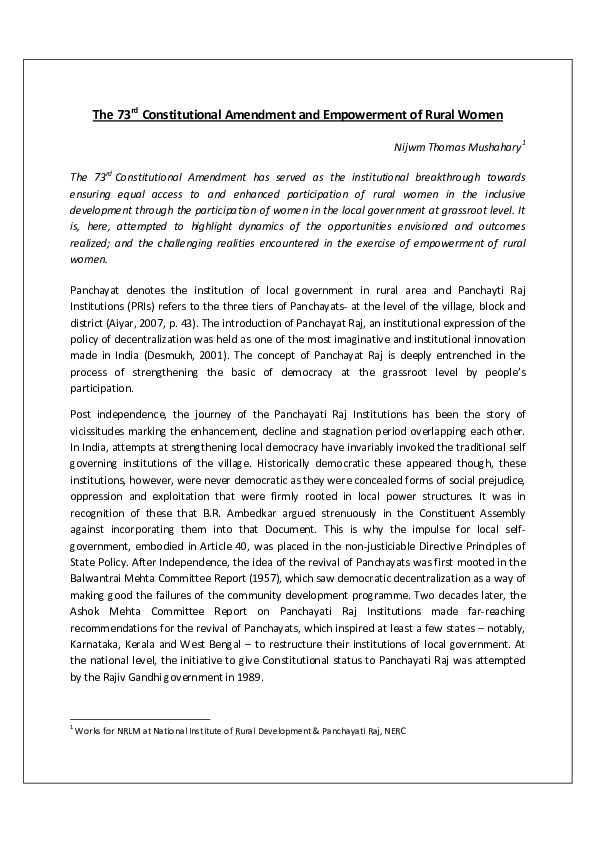 (PDF) The 73 rd Constitutional Amendment and Empowerment of Rural Women