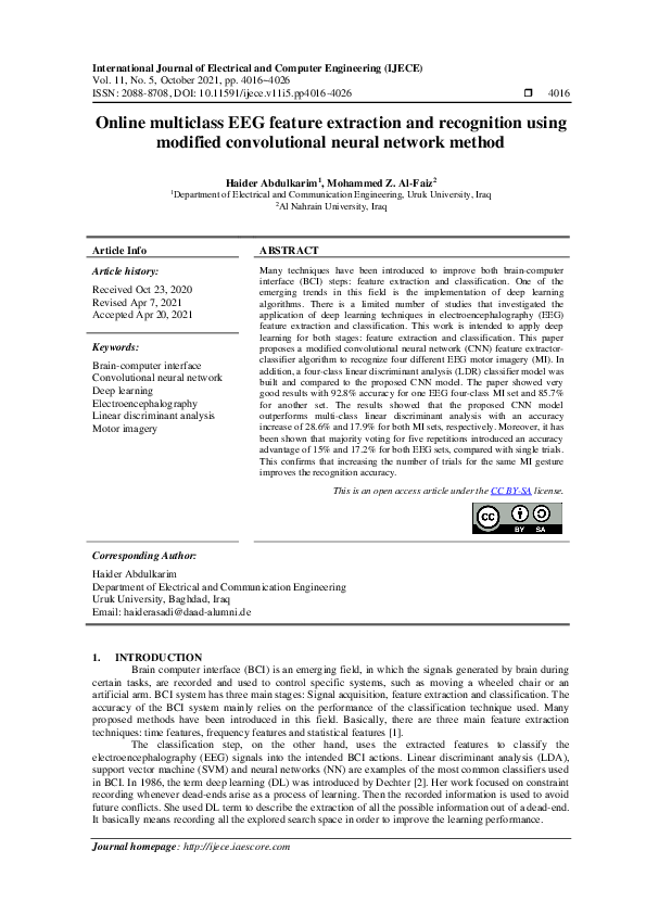 Pdf Online Multiclass Eeg Feature Extraction And Recognition Using Modified Convolutional