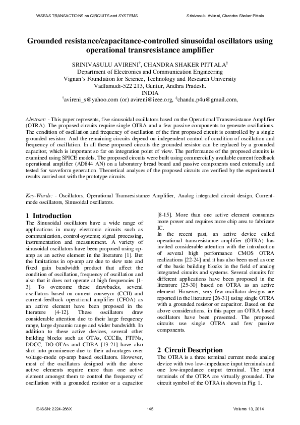 (PDF) Grounded resistance/capacitance-controlled sinusoidal oscillators ...