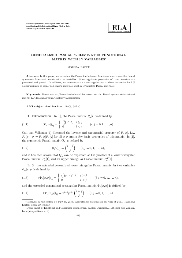 (PDF) Generalized Pascal k-eliminated functional matrix with 2n variables