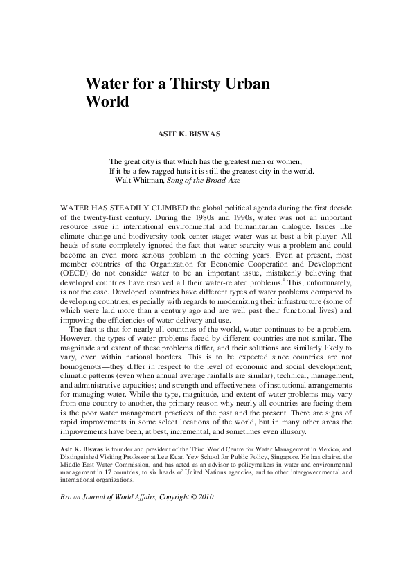 (PDF) Water for a Thirsty Urban World | Prof. Asit K . Biswas ...