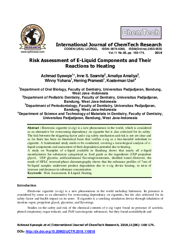 (PDF) Risk Assessment of E-Liquid Components and Their Reactions to ...