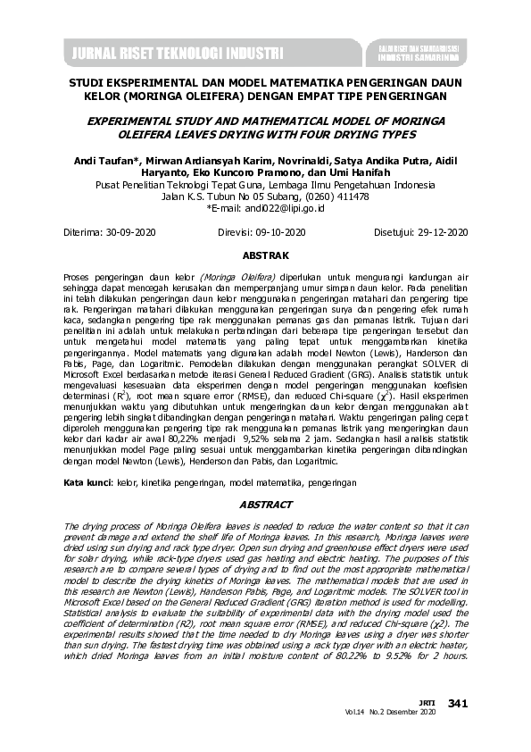 (PDF) Studi Eksperimental dan Model Matematika Pengeringan Daun Kelor (Moringa Oleifera) dengan ...