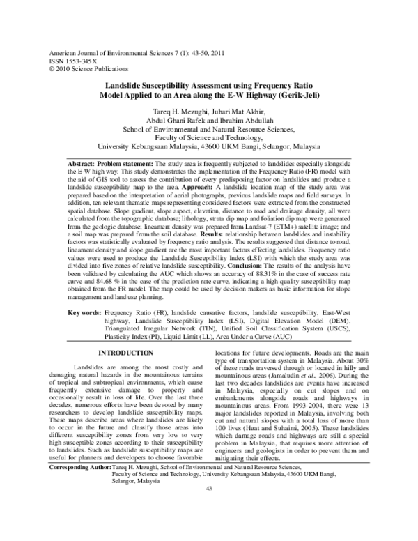 (PDF) Landslide Susceptibility Assessment using Frequency Ratio Model Applied to an Area along ...