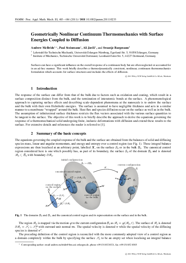 (PDF) Geometrically nonlinear continuum thermomechanics with surface energies coupled to diffusion