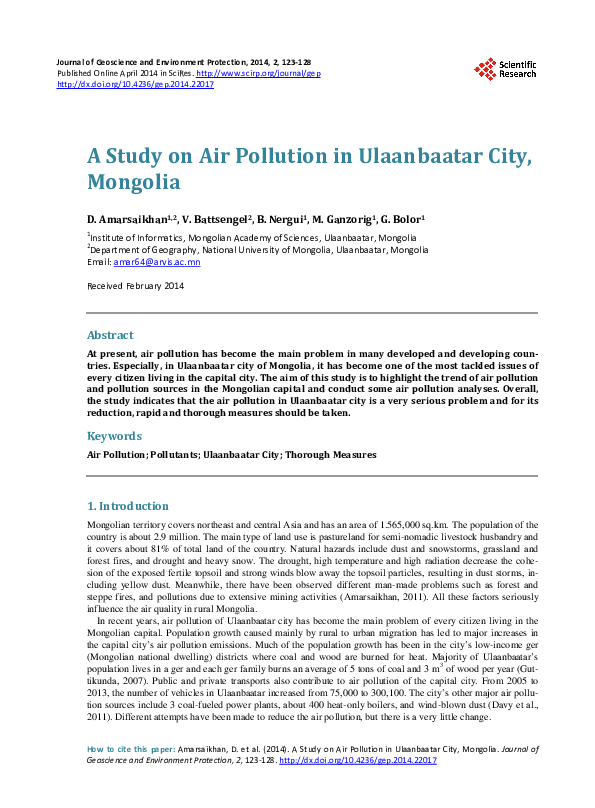 (PDF) A Study on Air Pollution in Ulaanbaatar City, Mongolia