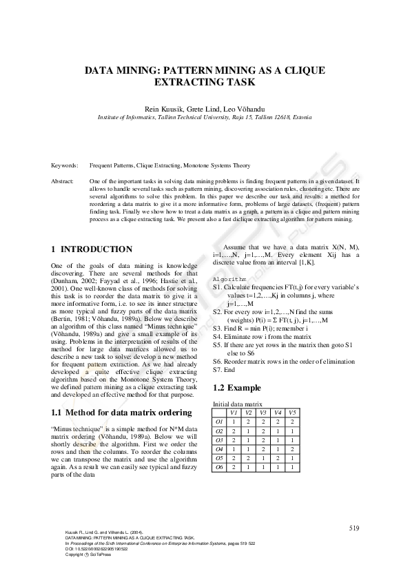 (PDF) Data Mining: Pattern Mining As a Clique Extracting Task