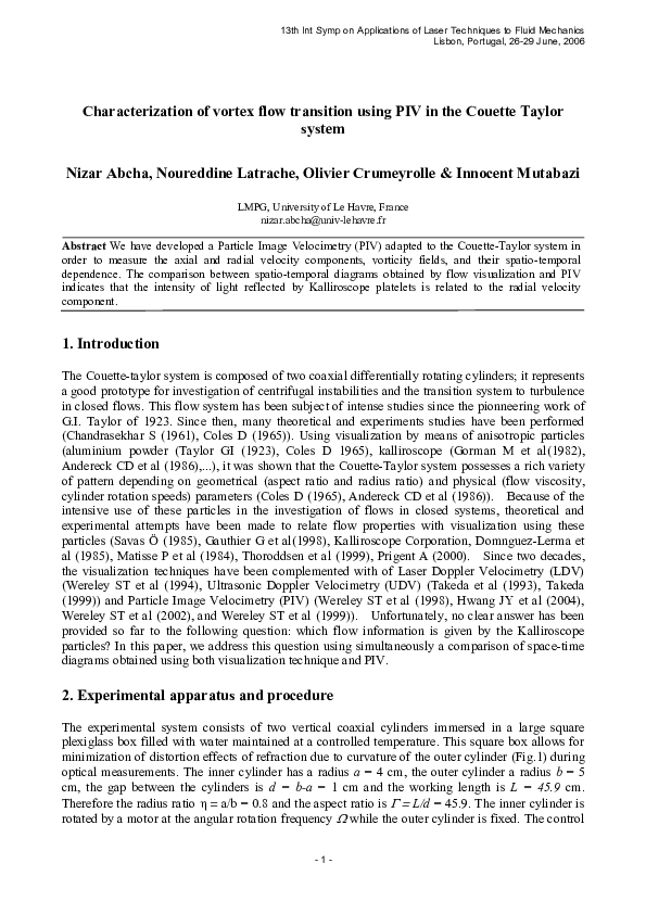 (PDF) Characterization of vortex flow transition using PIV in the Couette Taylor system
