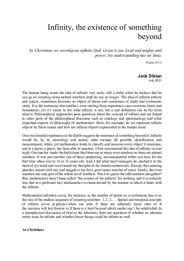 (PDF) Infinity, the existence of something beyond