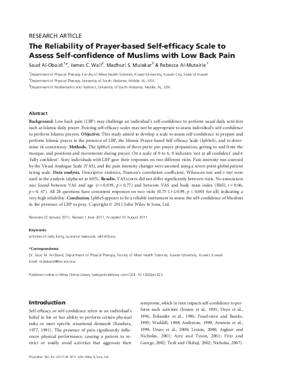 (PDF) The Reliability of Prayer-based Self-efficacy Scale to Assess ...