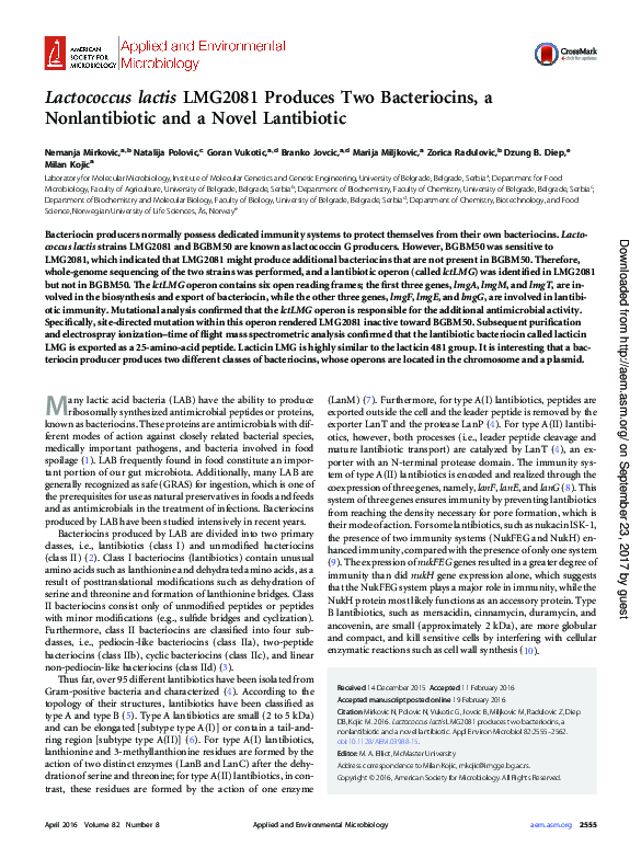 (PDF) Lactococcus lactis LMG2081 produces two bacteriocins: a non-lantibiotic and a novel ...