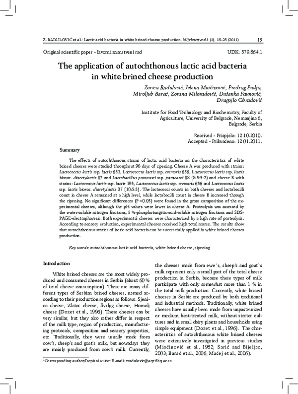 (PDF) The application of autochthonous lactic acid bacteria in white brined cheese production