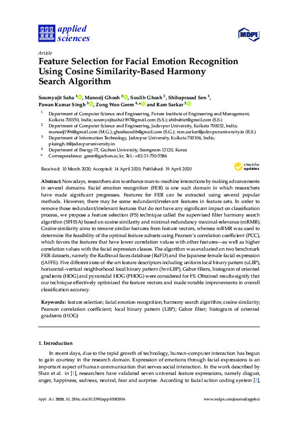 (PDF) Feature Selection for Facial Emotion Recognition Using Cosine Similarity-Based Harmony ...
