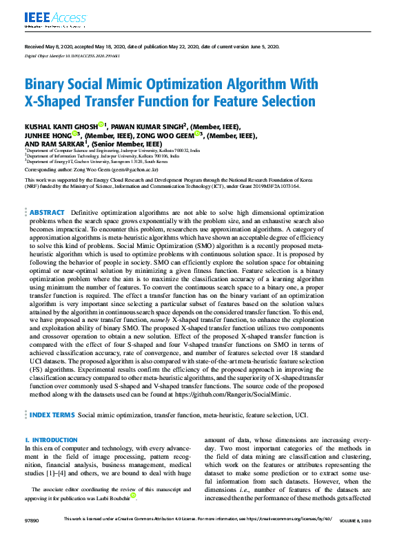 Pdf Binary Social Mimic Optimization Algorithm With X Shaped Transfer Function For Feature