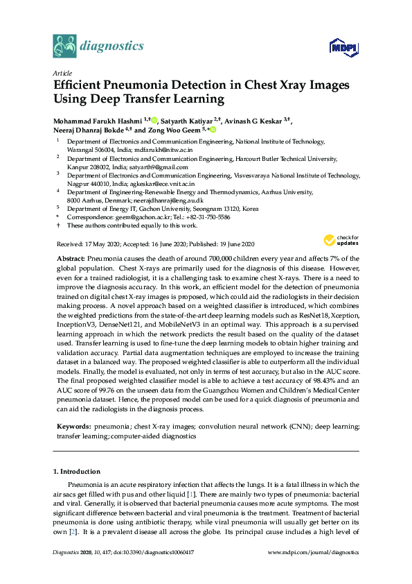 Efficient Pneumonia Detection In Chest Xray Images Using Deep Transfer