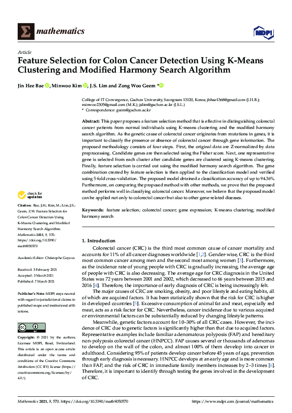 (PDF) Feature Selection for Colon Cancer Detection Using K-Means Clustering and Modified Harmony ...