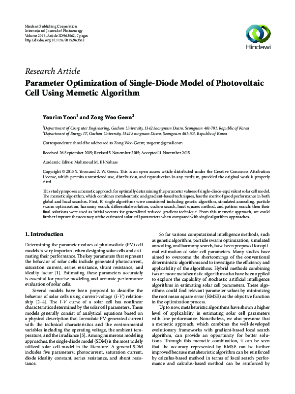 Pdf Parameter Optimization Of Single Diode Model Of Photovoltaic Cell Using Memetic Algorithm