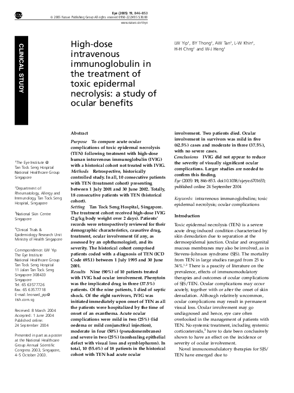 (PDF) High-dose intravenous immunoglobulin in the treatment of toxic epidermal necrolysis: a ...