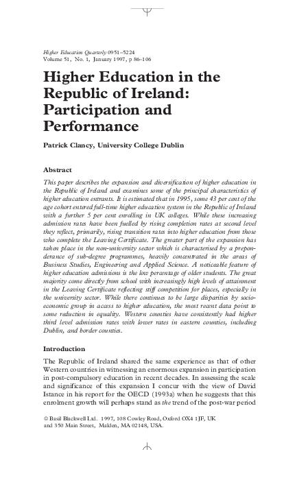 (PDF) Higher education in the Republic of Ireland: participation and ...