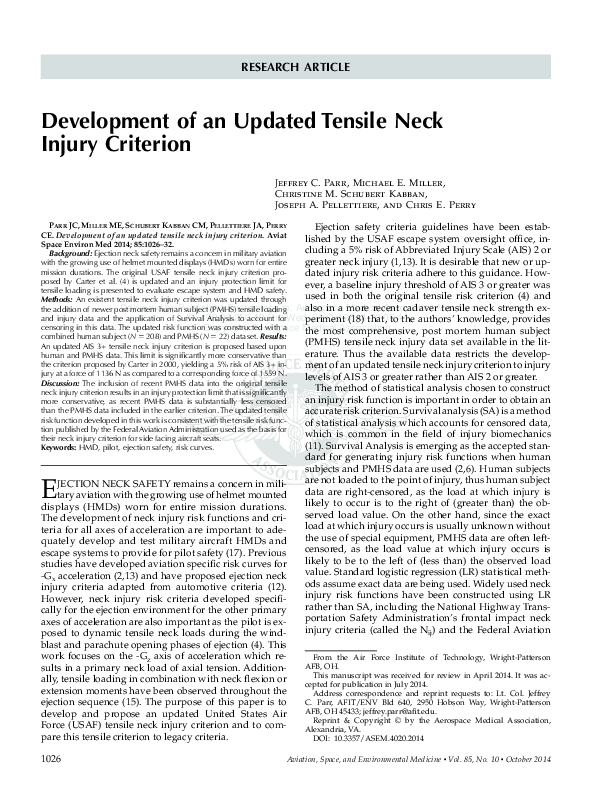 (PDF) Development of an Updated Air Force Tensile Neck Injury Criterion
