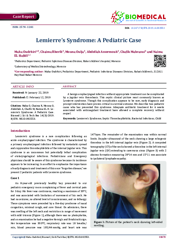 (PDF) Lemierre’s Syndrome: A Pediatric Case