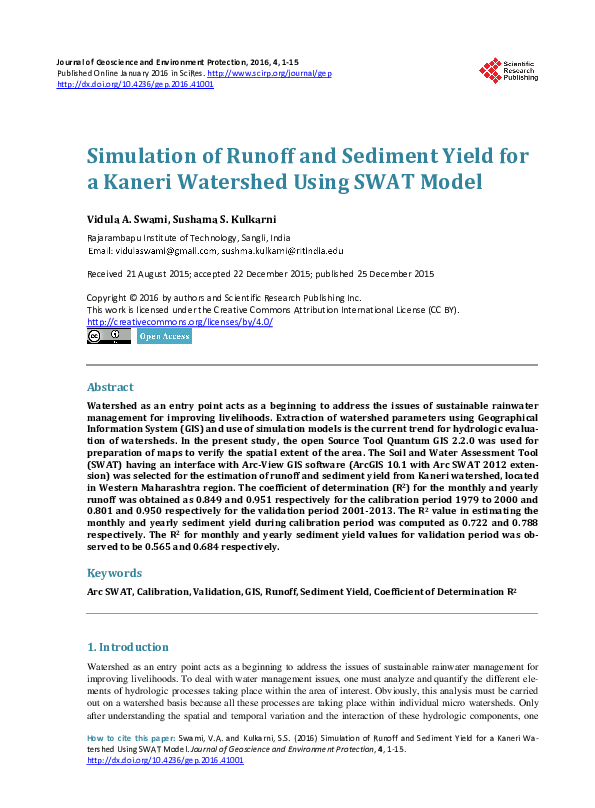 (PDF) Simulation of Runoff and Sediment Yield for a Kaneri Watershed Using SWAT Model