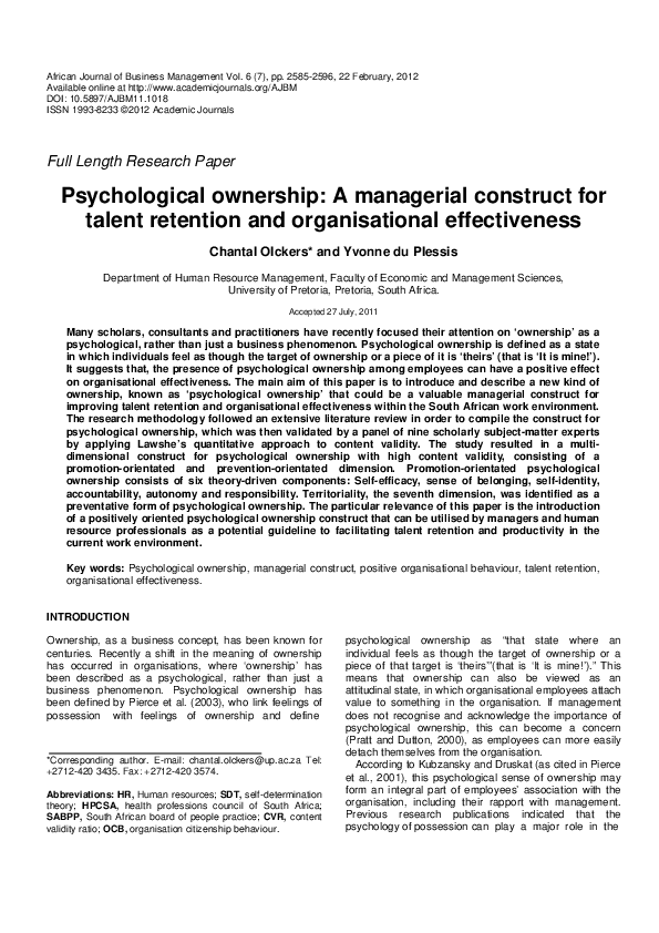 (PDF) Psychological ownership: A managerial construct for talent ...