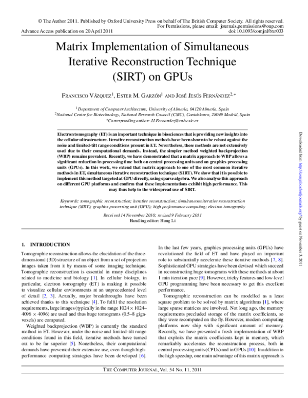 Pdf Matrix Implementation Of Simultaneous Iterative Reconstruction Technique Sirt On Gpus