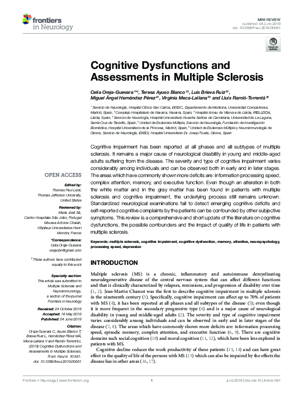 (PDF) Cognitive Dysfunctions and Assessments in Multiple Sclerosis