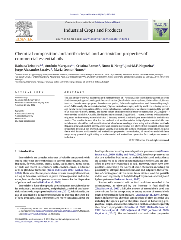 (PDF) Chemical composition and antibacterial and antioxidant properties of commercial essential oils