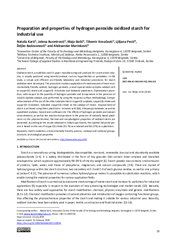 (PDF) Preparation and properties of hydrogen peroxide oxidized starch ...