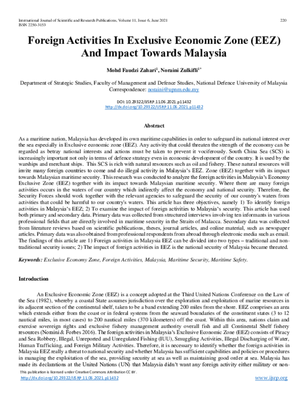 (PDF) Foreign Activities In Exclusive Economic Zone (EEZ) And Impact ...