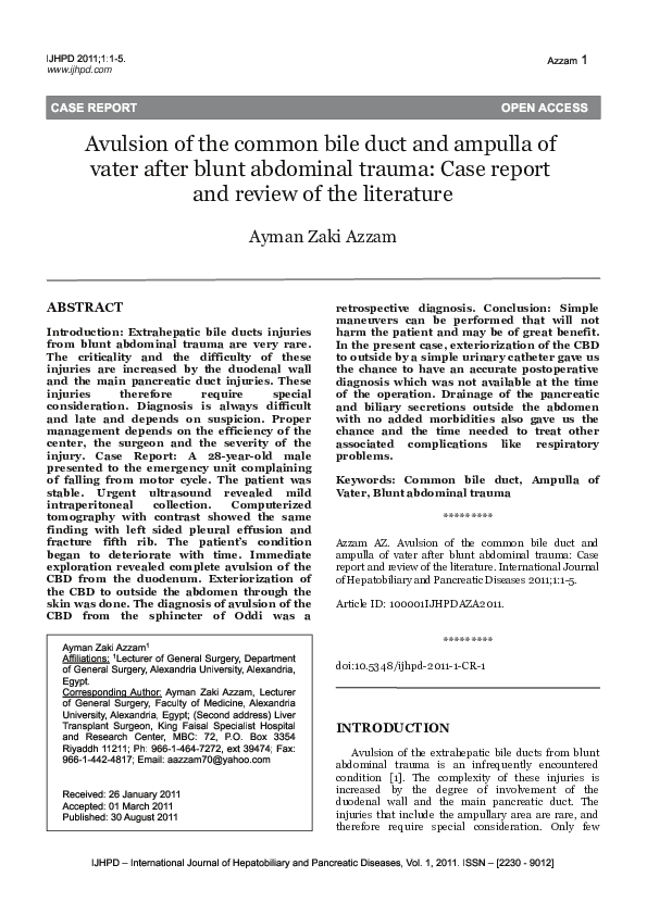 (PDF) Avulsion of the common bile duct and ampulla of vater after blunt ...